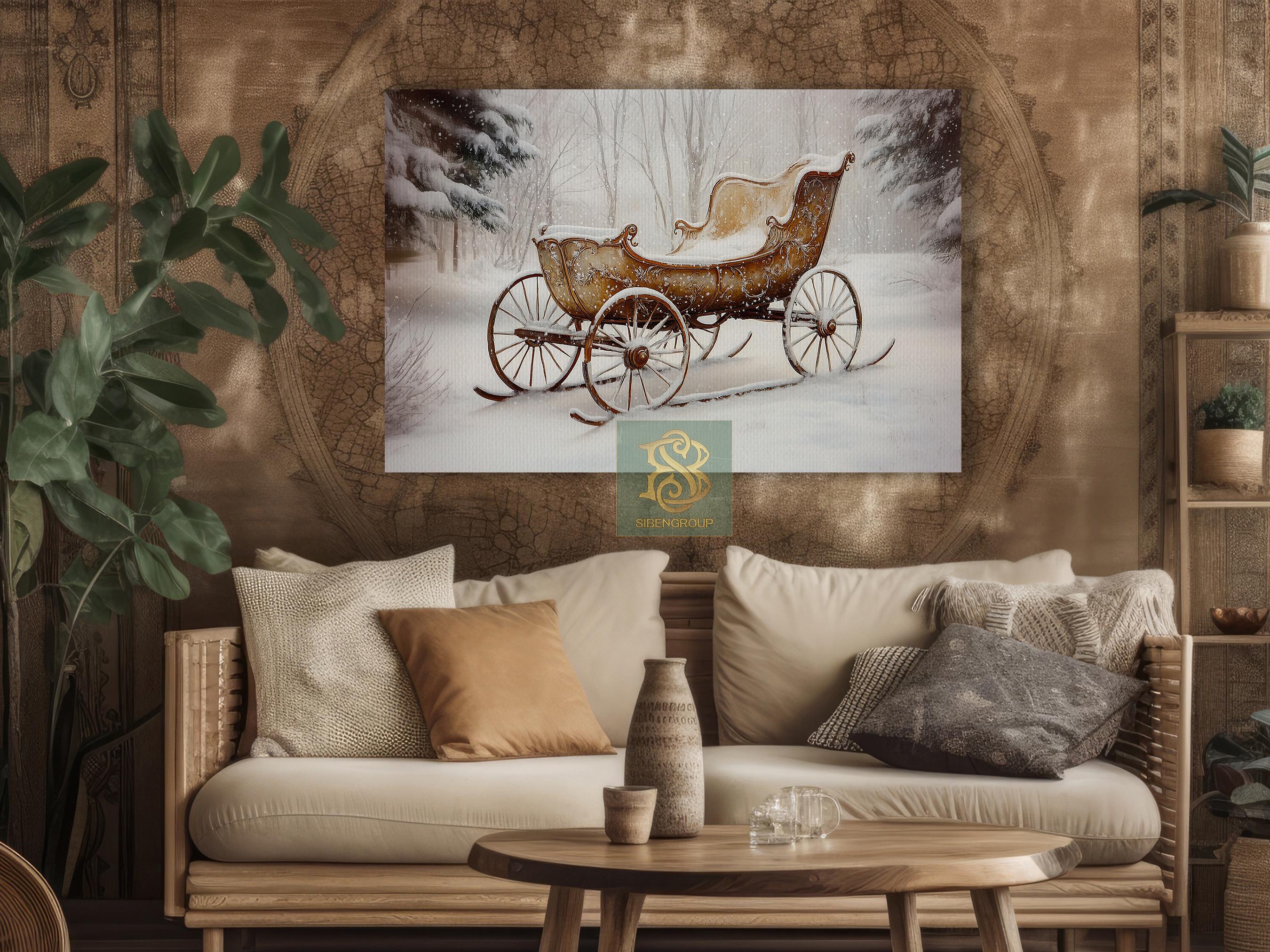 Vintage Santa's Sleight Canvas Print, Cottage Winter Poster, Snowy Wall ...