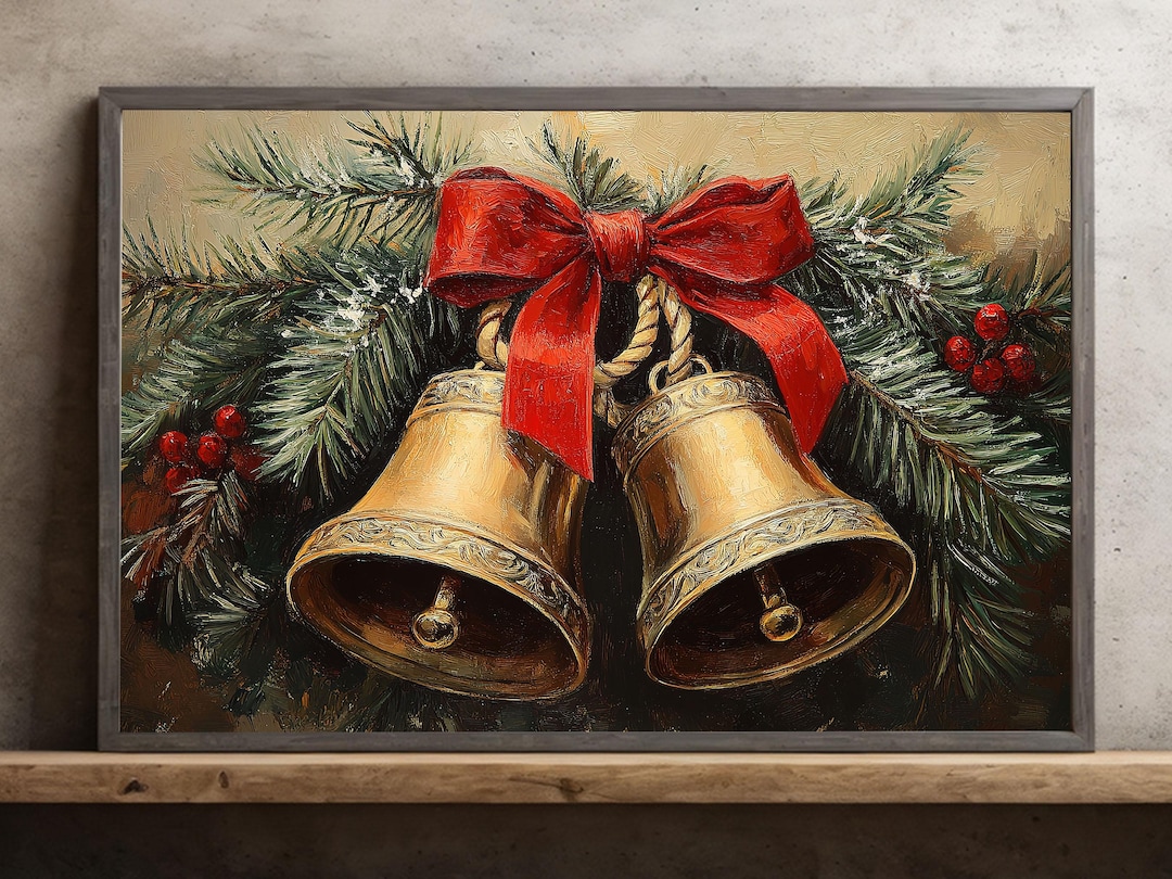 Vintage Jingle Bells Painting, Cozy Winter Canvas, Cottage Xmas Poster ...