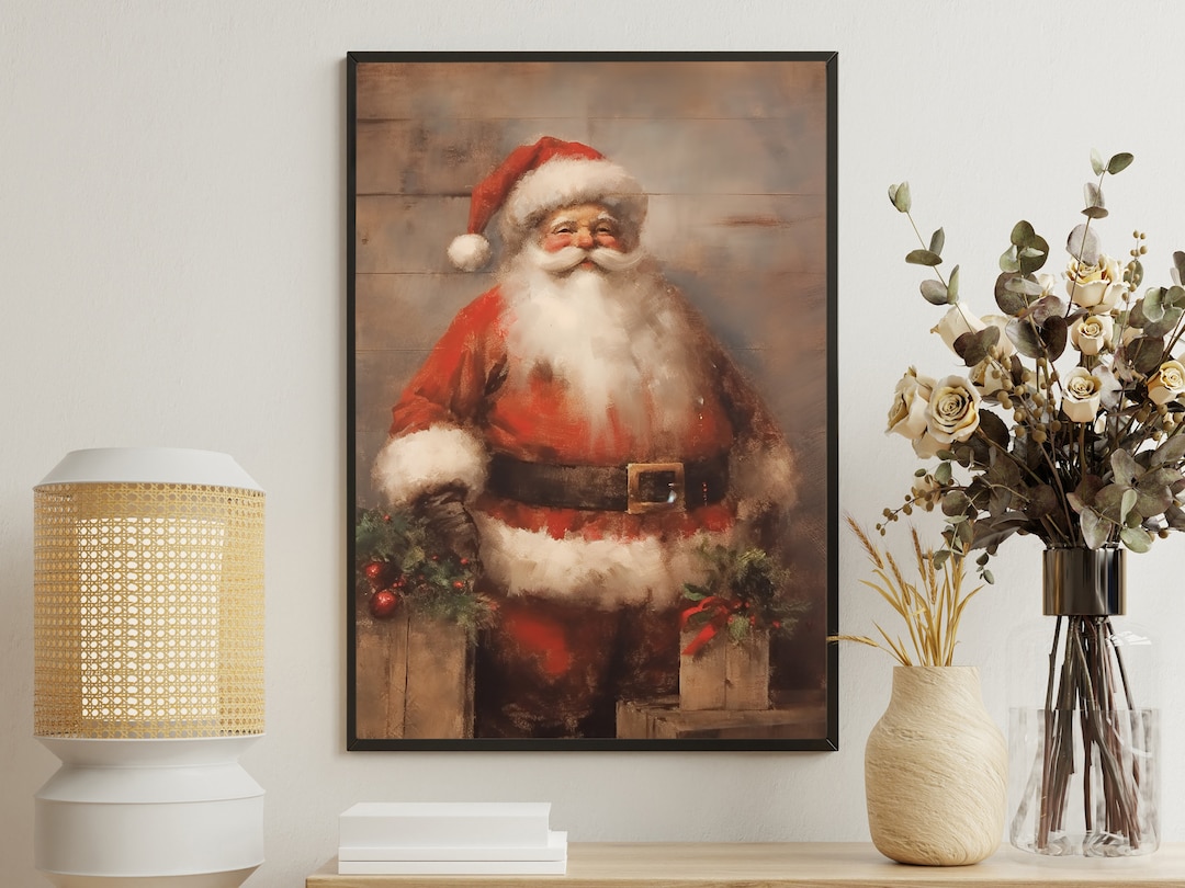 Vintage Santa Claus Portrait Painting Canvas Art Print Retro Cozy Christmas Holidays Poster ...