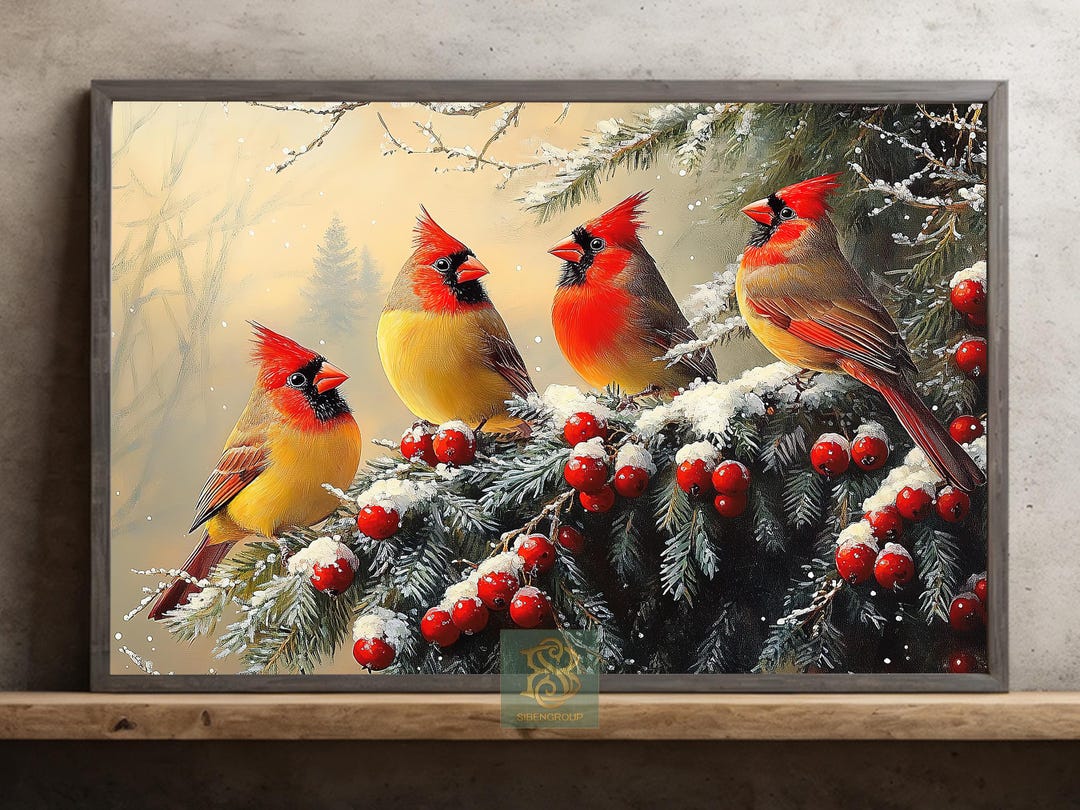 Winter Bird Painting, Cottage Snowy Bird Canvas, Rustic Winter Poster ...