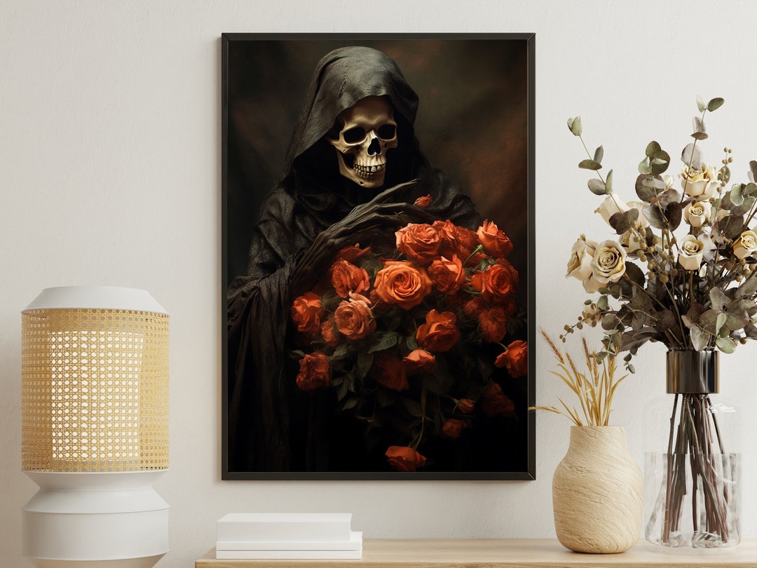 Death Hold Roses Painting, Death Art Print, Death Canvas Print, Gothic ...