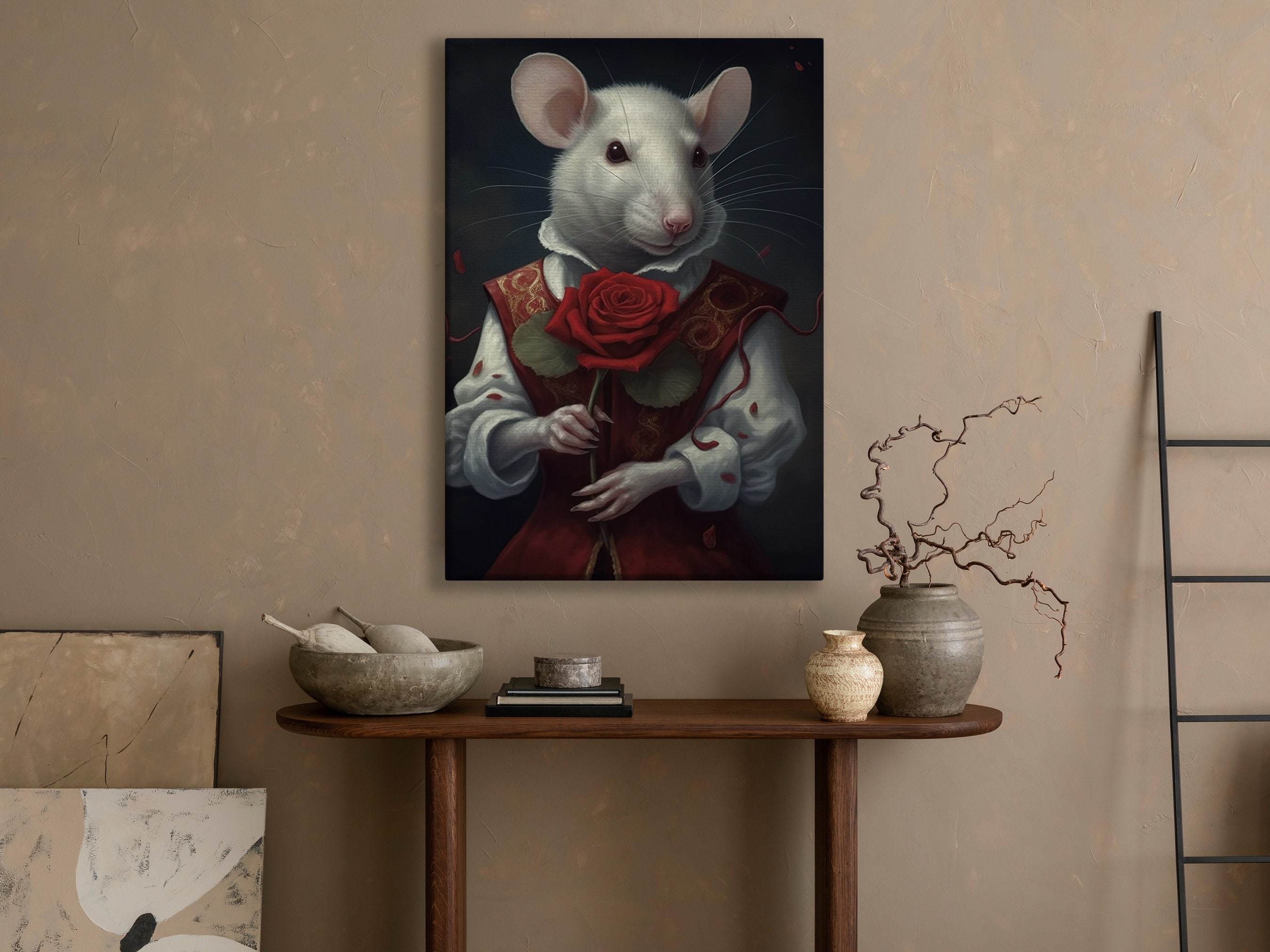 Vintage Mouse in Suit Hold Roses Painting, Renaissance Mouse Print ...