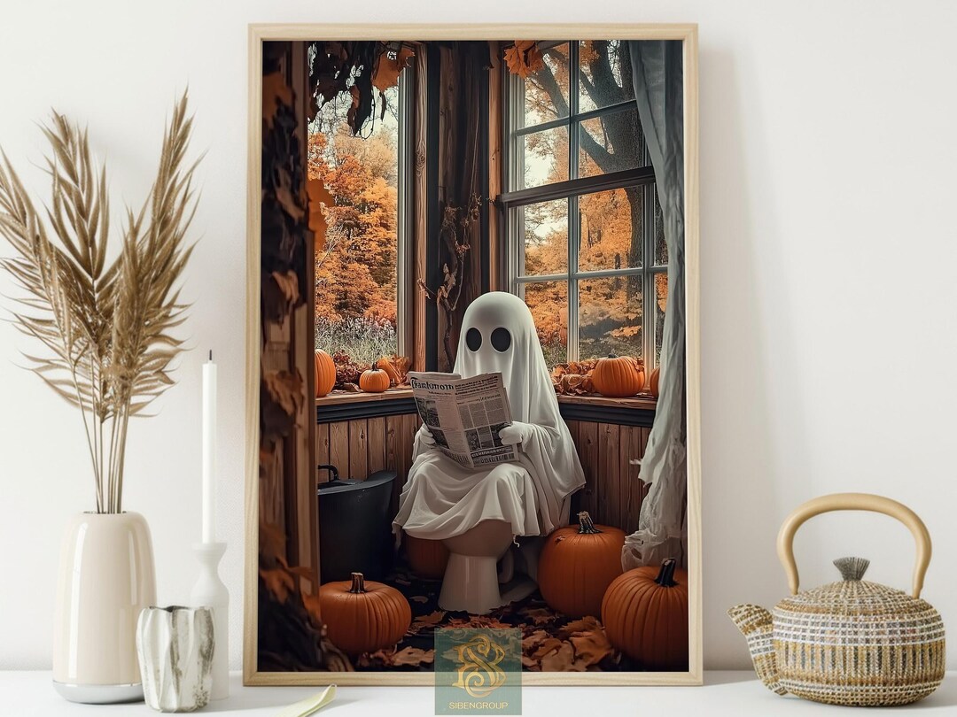 Halloween Ghost Reading Canvas Print, Spooky Bathroom Ghost Poster ...
