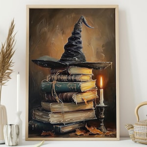 Vintage Witch Hat and Magic Book Painting, Witchy Canvas Print, Witch ...