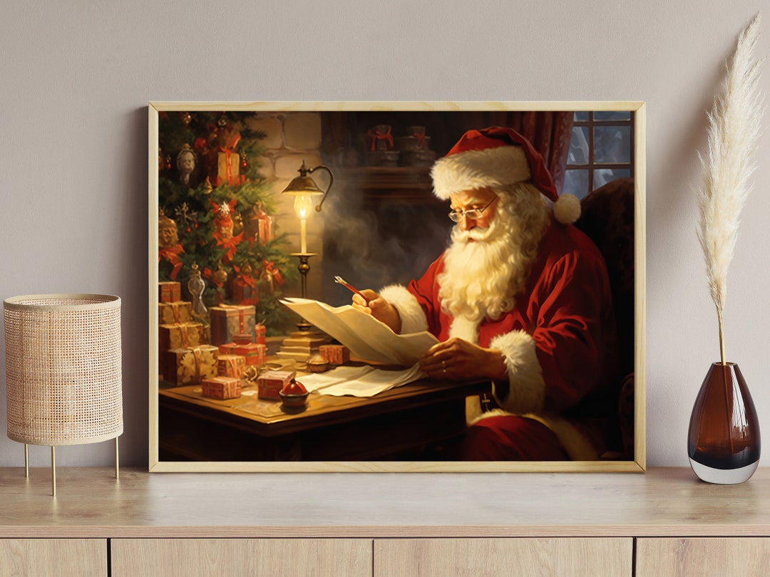 Vintage Santa Claus Checking List Gift Painting Canvas Art Print Retro ...