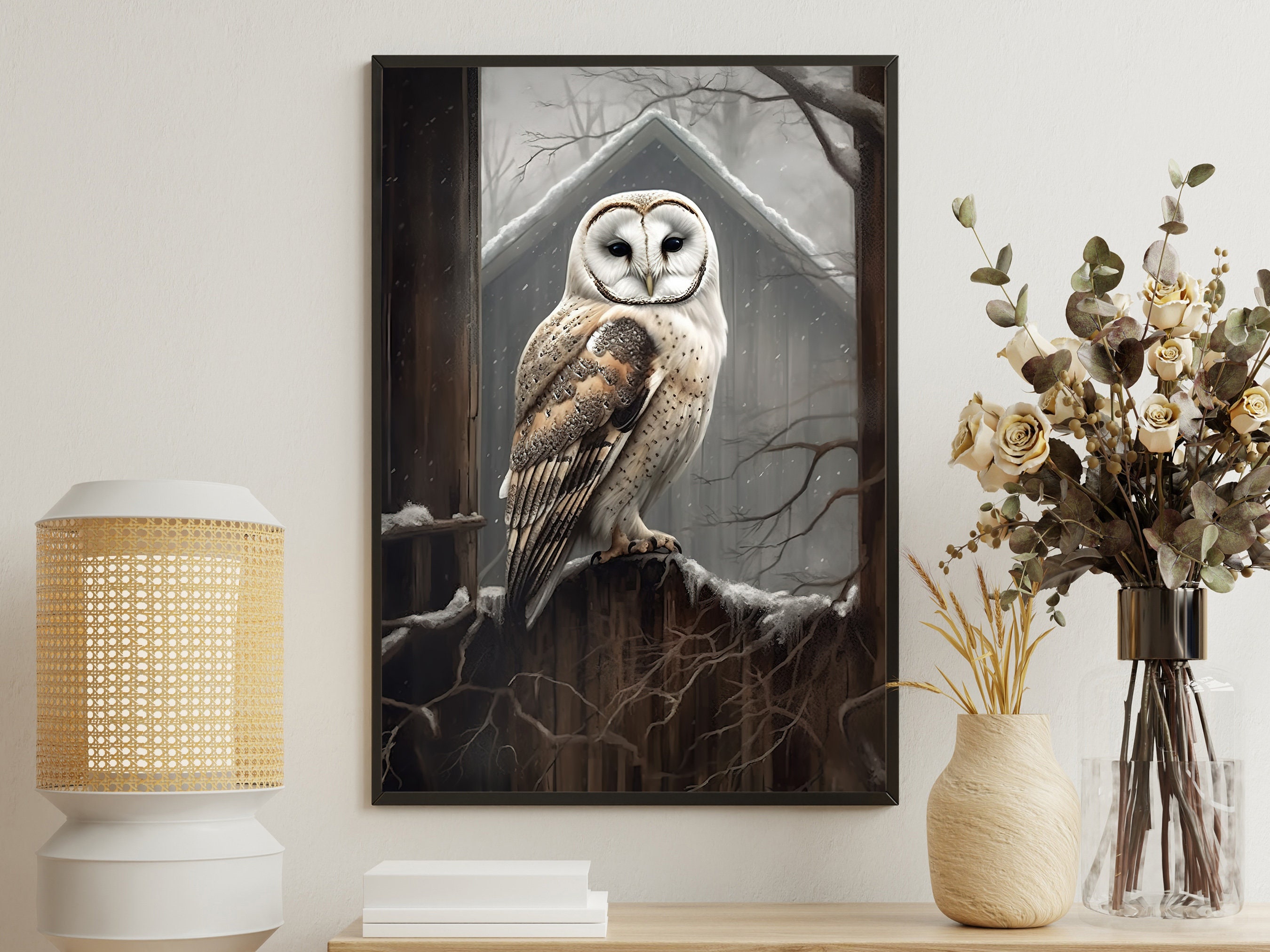Vintage Barn Owl Painting, Winter Owl Art Print, Barn Owl Canvas Print ...
