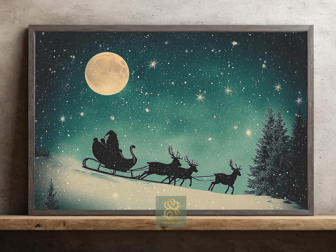 Vintage Santa's Sleight Canvas Print, Cottage Xmas Night Poster ...