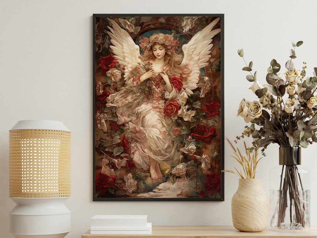 Vintage Floral Angel Painting, Angel Art Print, Angel Canvas Print ...