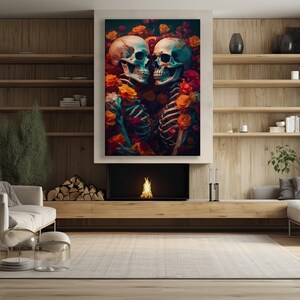 Floral Couple Skull Painting, Skull Art Print, Skull Canvas Print ...