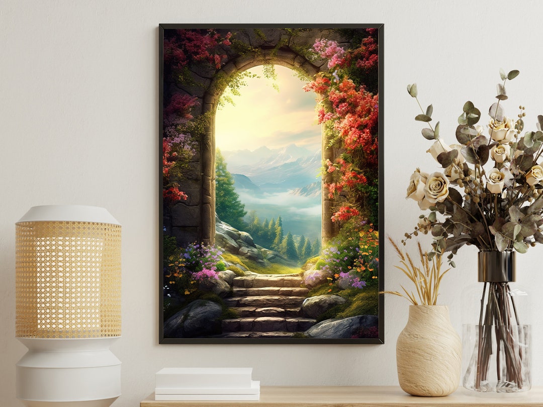 Floral Gateway Painting, Enchanted Land Art Print, Mythical Door Canvas ...