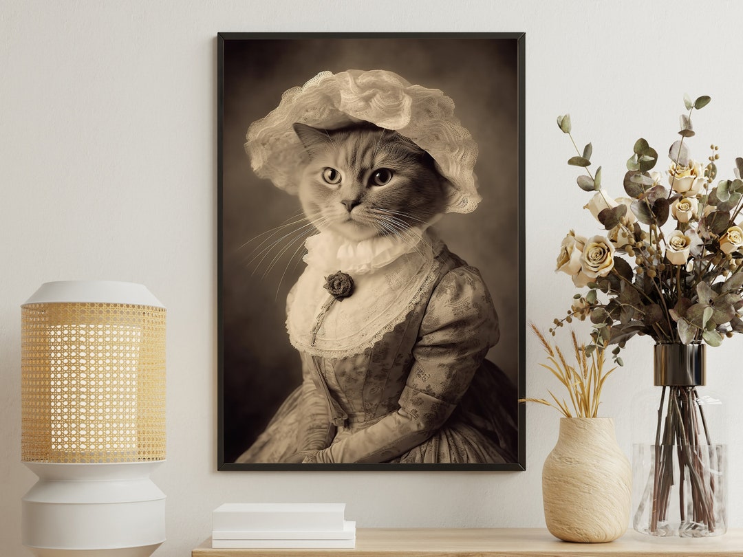 Gothic Cat in Suit Painting, Female Cat Art Print, Royal Feline Canvas ...
