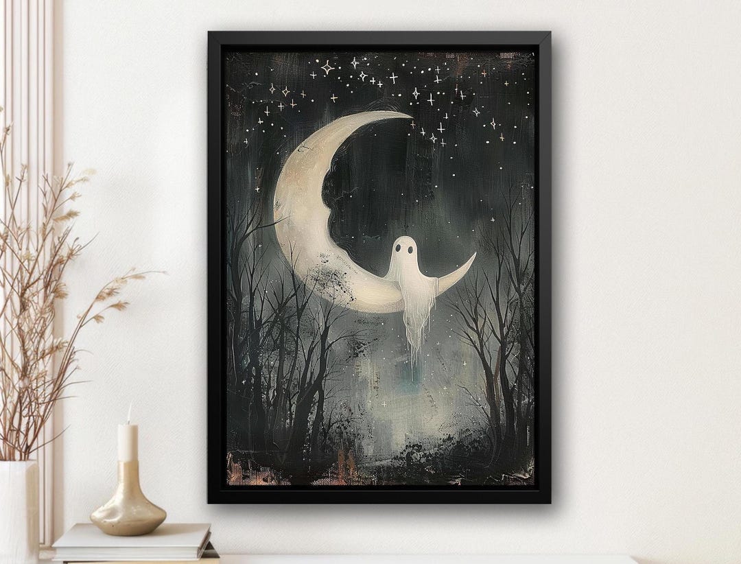Vintage Ghost on the Moon Canvas Print, Cottage Ghost Poster Print ...