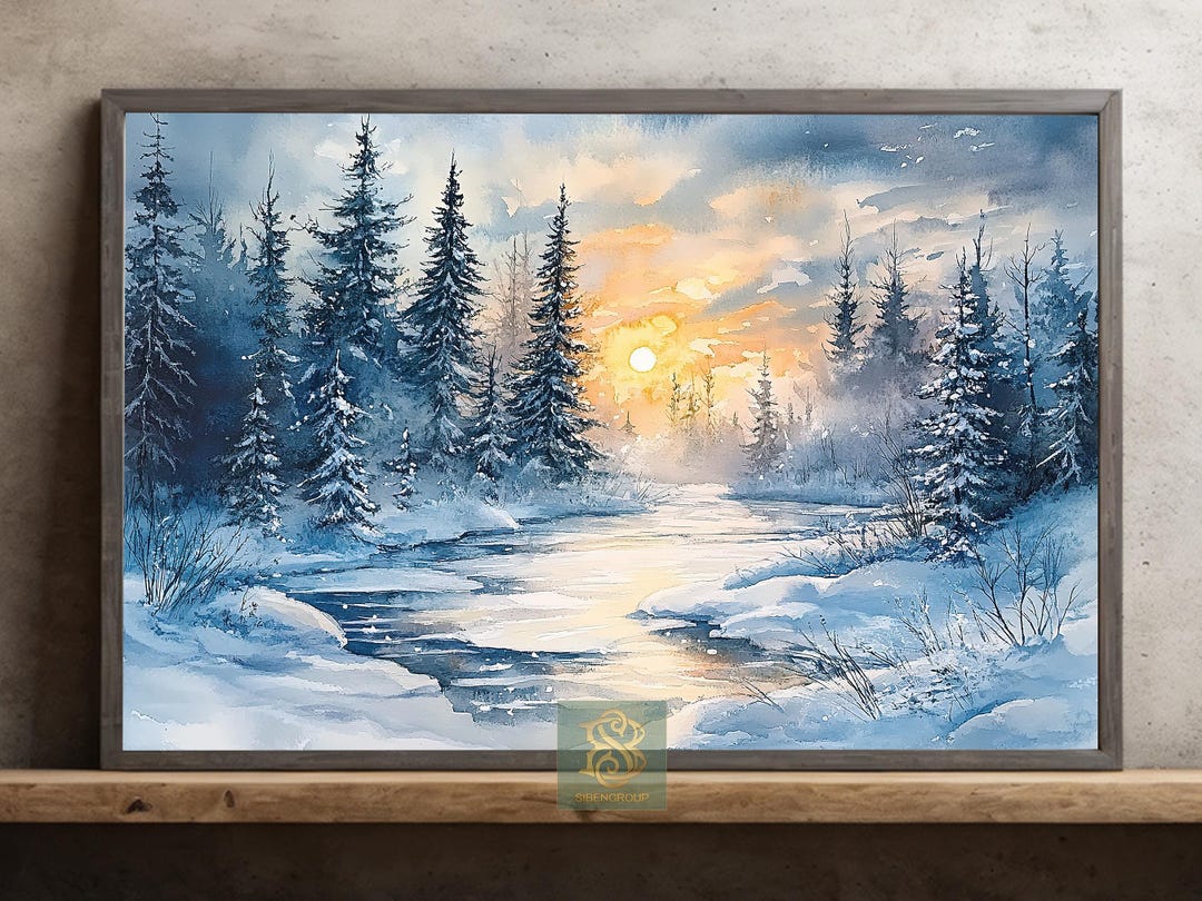 Winter Scene Canvas Print, Xmas Snowy Poster, Sunset Winter Wall Art ...
