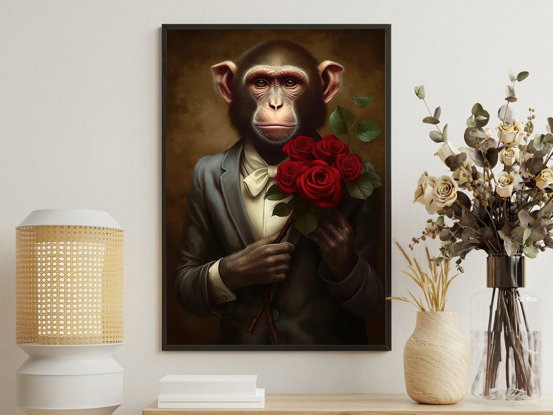Vintage Monkey in Suit Hold Roses Painting, Renaissance Monkey Print ...