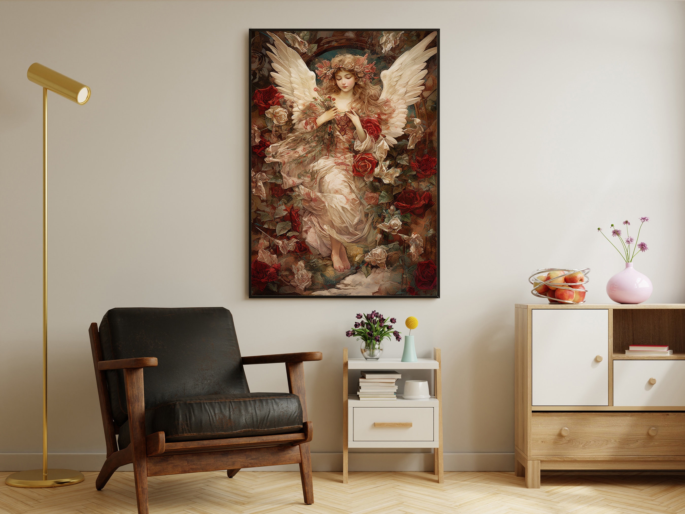 Vintage Floral Angel Painting, Angel Art Print, Angel Canvas Print ...