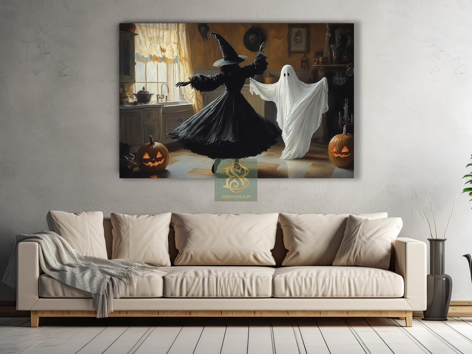 Witch and Ghost Dance Canvas Print, Halloween Kitchen Poster, Spooky ...