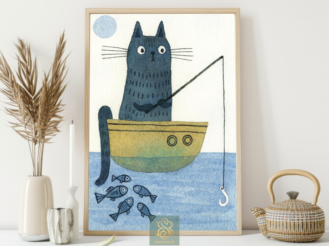 Fishing Cat Canvas Print: Nautical Funny Cat Wall Art - Etsy