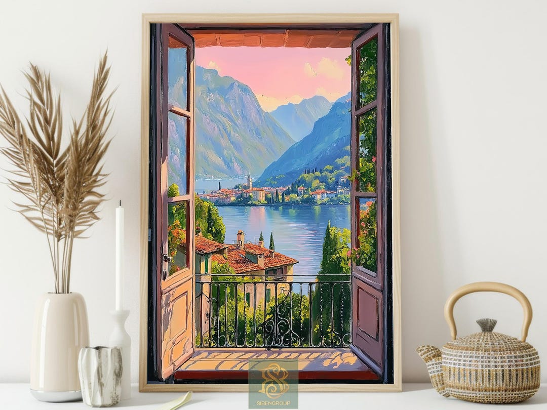 Scenic Balcony Canvas Print, Lakeside Mountain View Poster Print ...