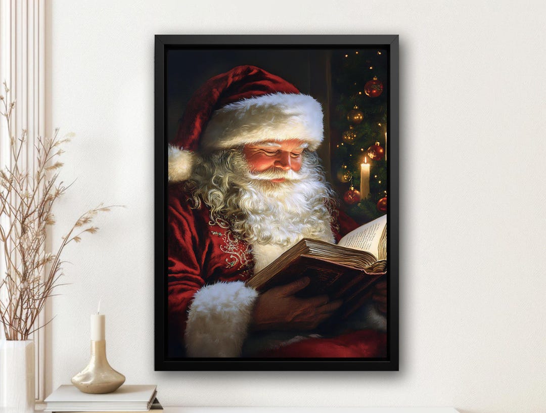 Vintage Santa Reading Book Canvas Print, Homely Santa Claus Poster ...