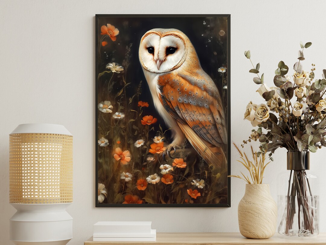 Vintage Owl Painting, Retro Owl Art Print, Cottage Owl Canvas Print ...