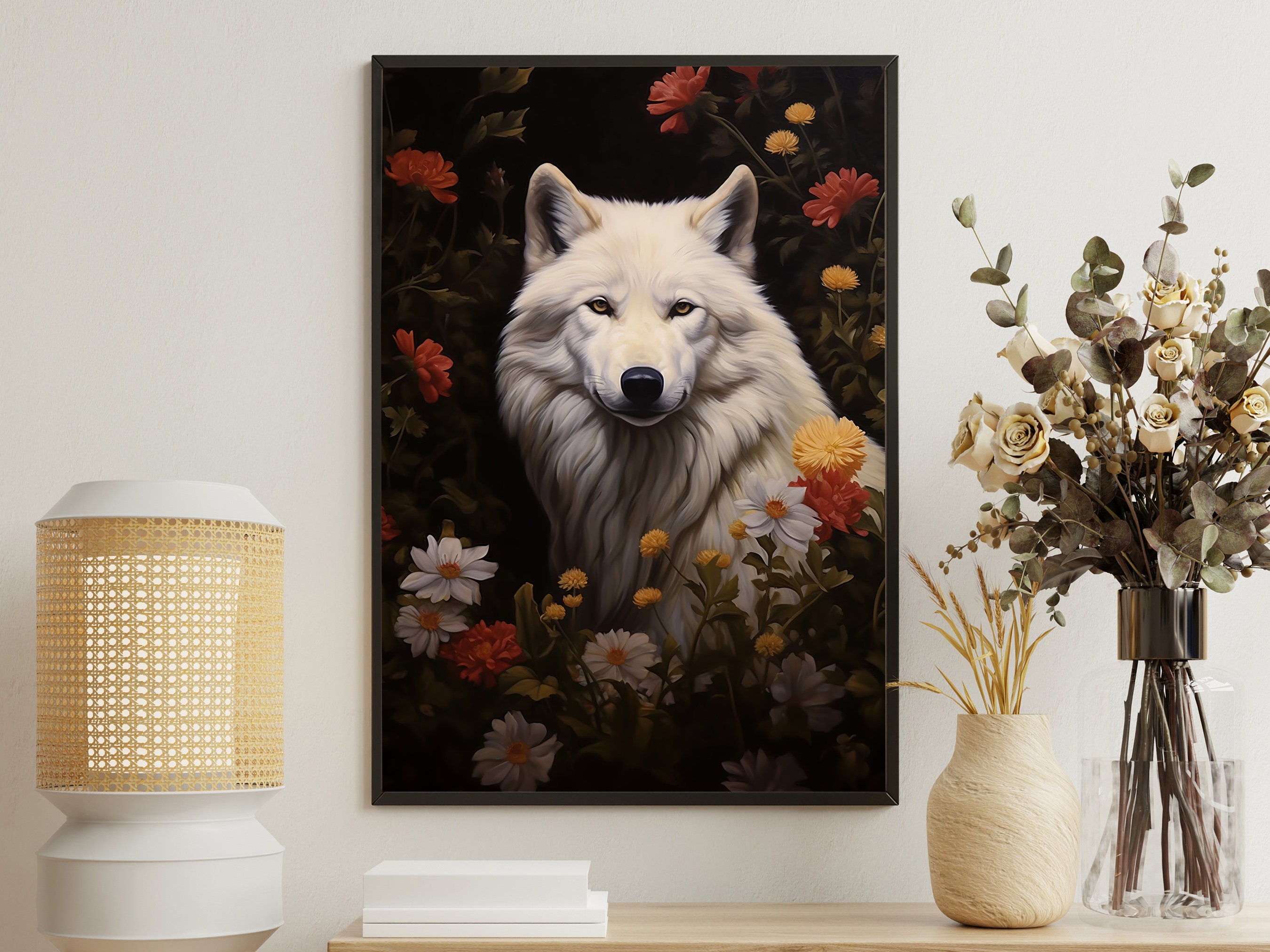 Vintage Floral Wolf Painting, Wolf Art Print, Wolf Canvas Print, Wolf ...