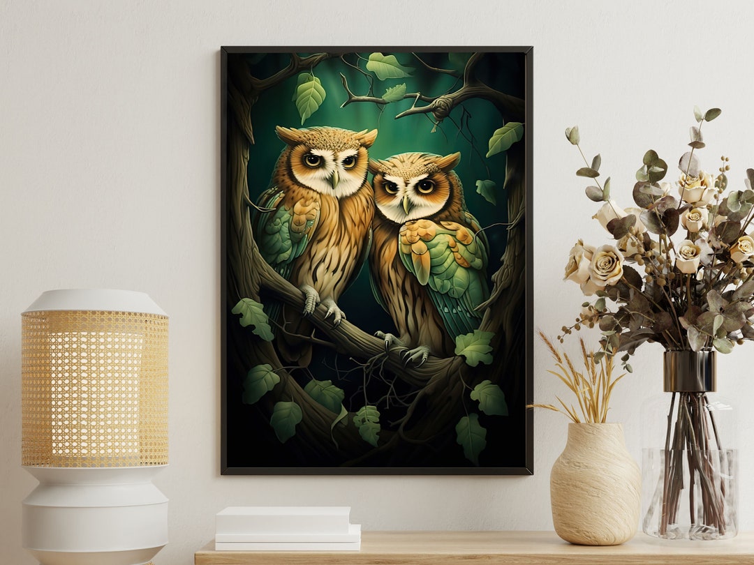 Vintage Couple Owl Painting, Retro Owl Art Print, Owl Canvas Print ...
