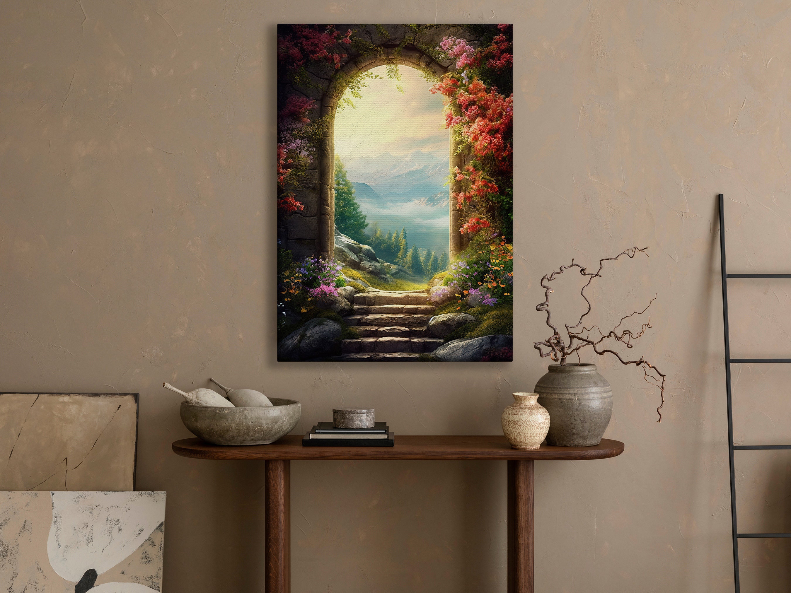 Floral Gateway Painting, Enchanted Land Art Print, Mythical Door Canvas ...