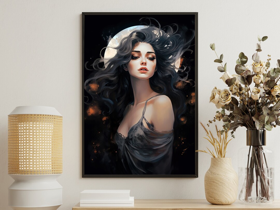 Retro Moon Goddess Painting Canvas Art Print - Vintage Mythical Female ...