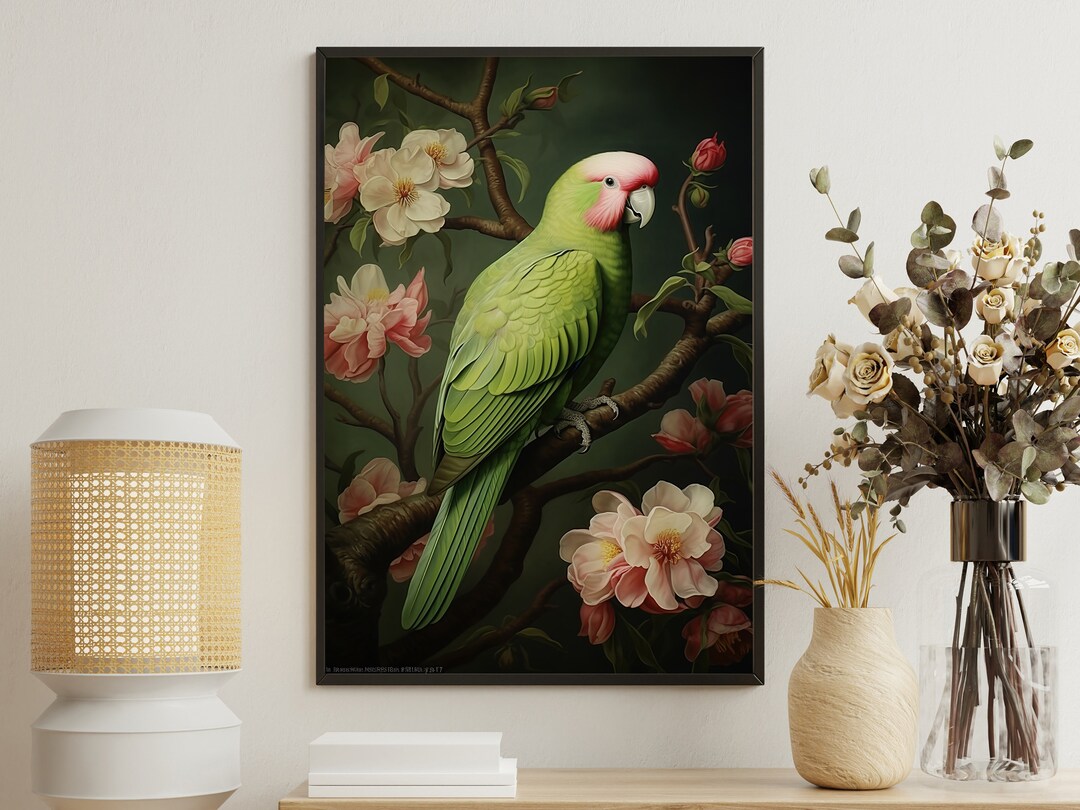 Vintage Floral Bird Painting: Botanical Parrot Art Print - Etsy