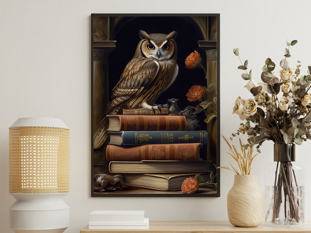 Vintage Owl Painting, Retro Owl Art Print, Owl Canvas Print, Gothic Art ...