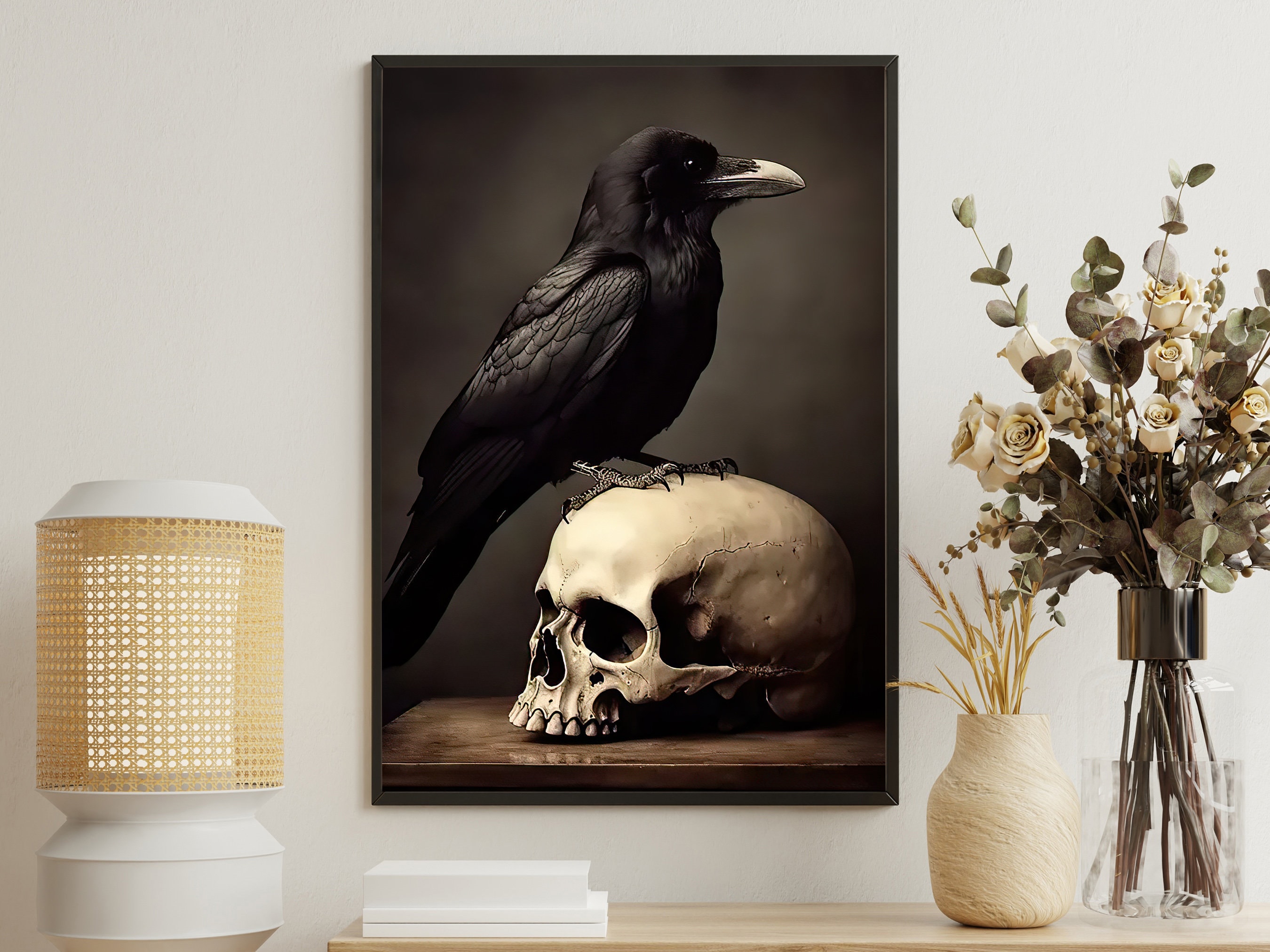 Vintage Raven Painting, Skull Crow Art Print, Crow Canvas Print, Skull ...