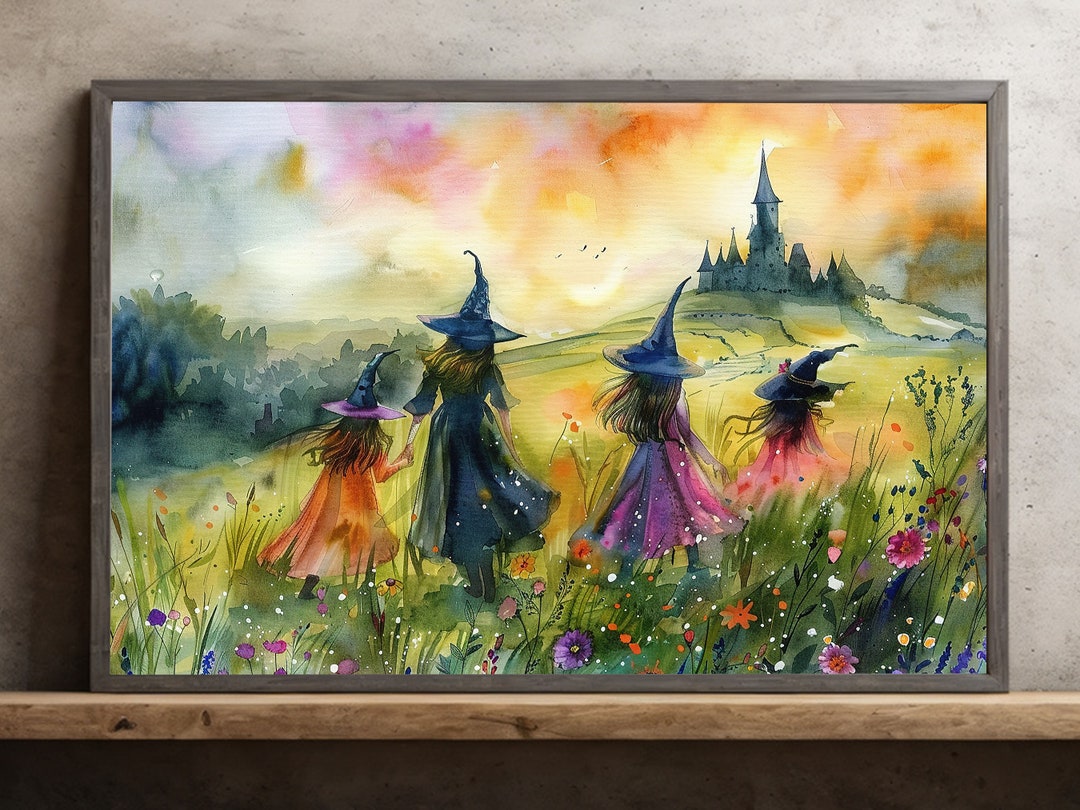 Cottage Watercolor Witches on Flower Field Canvas Print, Witchy Poster ...