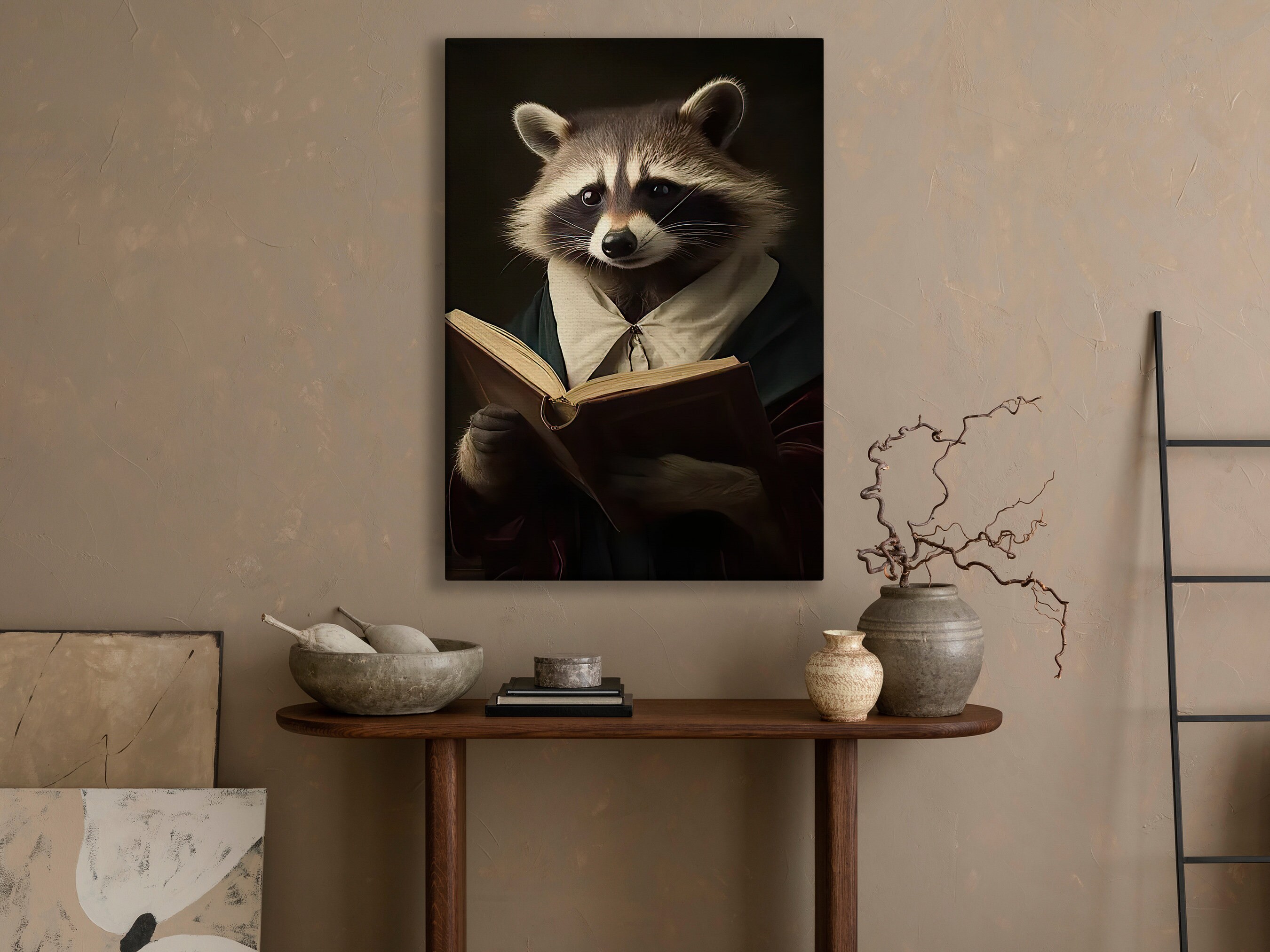 Raccoon Scholar Painting, Raccoon Reading Book Art Print, Raccoon ...
