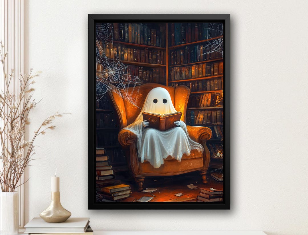 Vintage Ghost Reading Book Canvas, Cottage Ghost Poster, Halloween ...