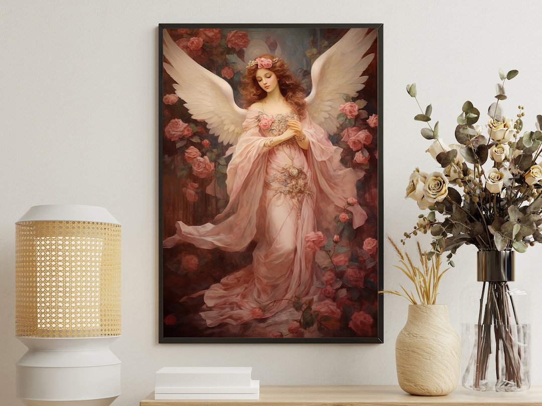 Vintage Floral Angel Painting, Angel Art Print, Angel Canvas Print ...