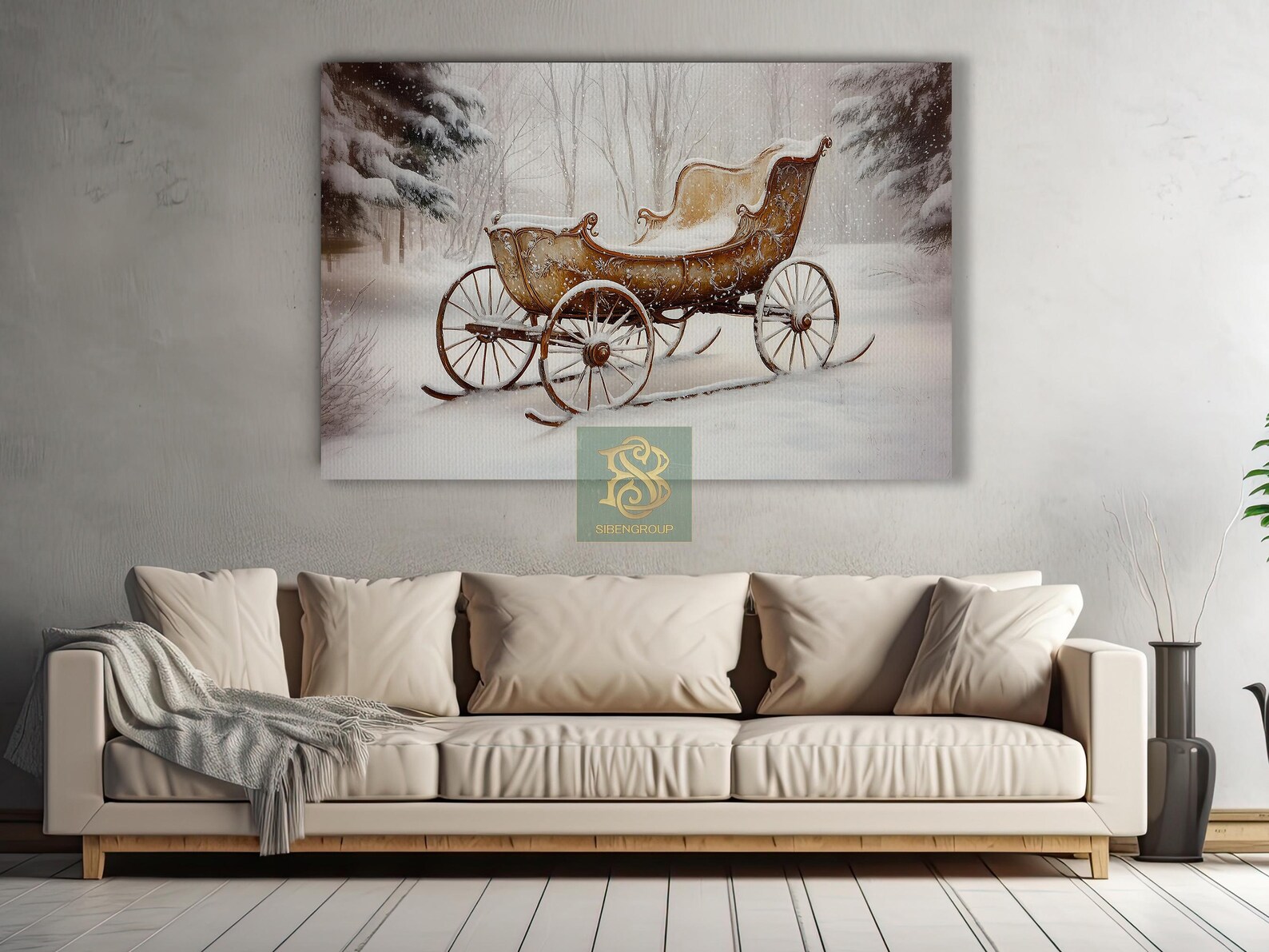 Vintage Santa's Sleight Canvas Print, Cottage Winter Poster, Snowy Wall ...
