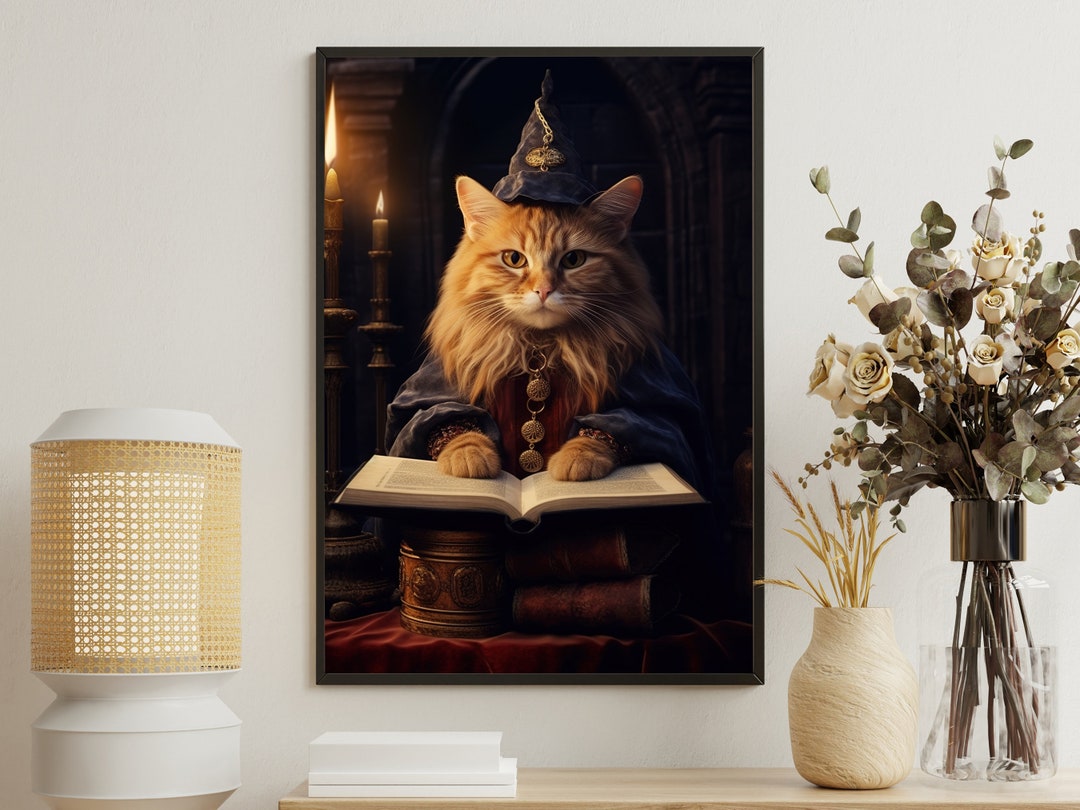 Magic Cat Witch Painting, Cat Scholar Art Print, Cat Canvas Print ...