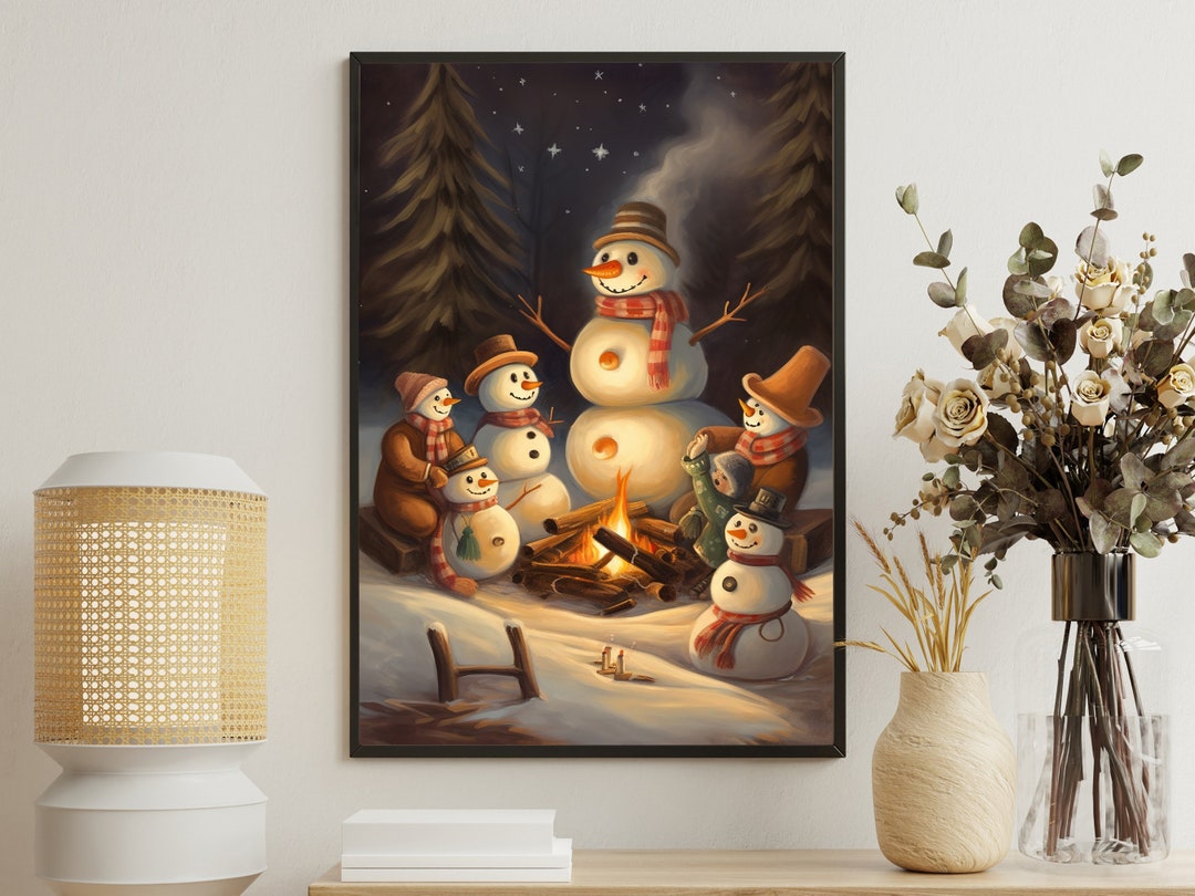 Vintage Snowman's Campfire Painting, Snowman Canvas Print, Snowman Art ...
