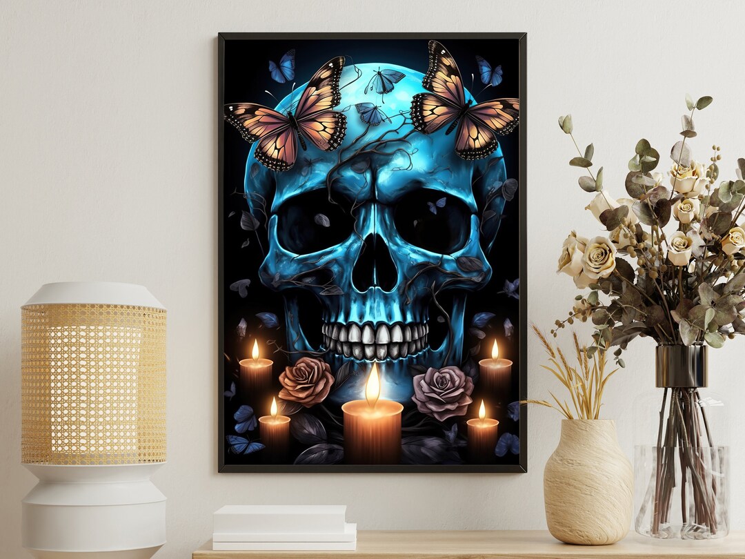 Dark Blue Skull Painting, Death Art Print, Skull Canvas Print, Gothic ...