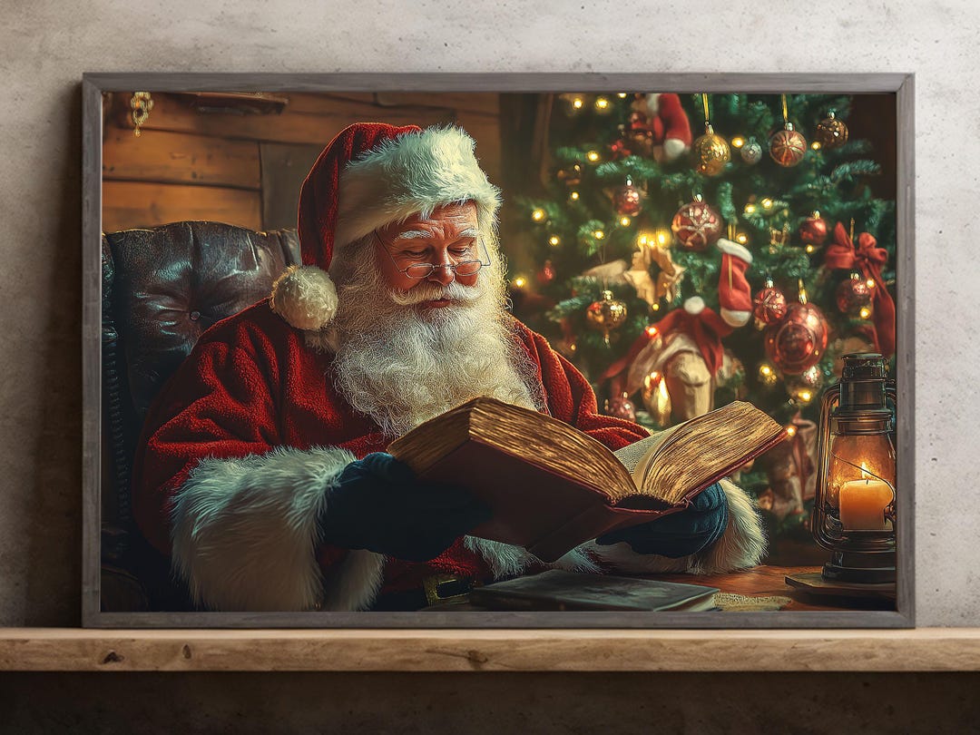 Vintage Santa Reading Painting, Cozy Santa Claus Canvas, Homely Holiday ...