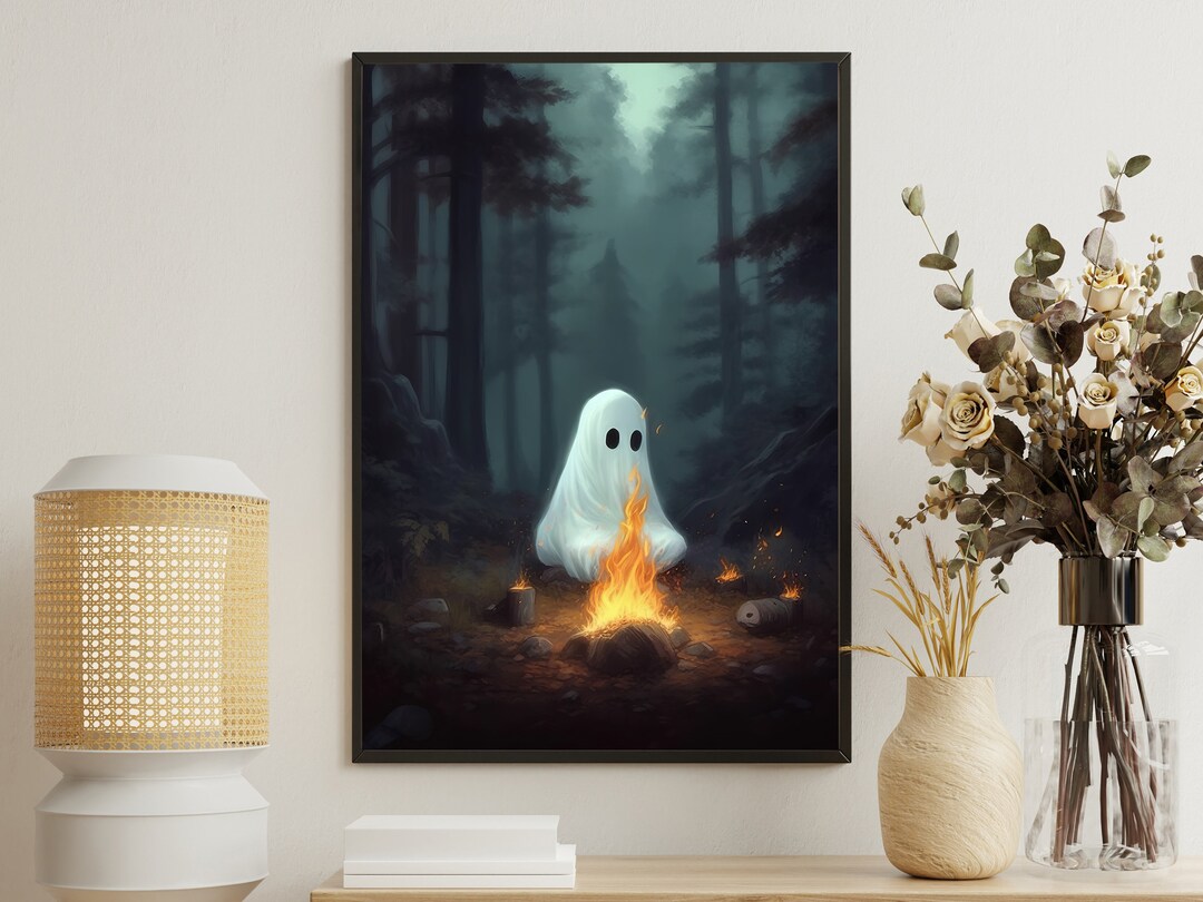 Cute Ghost Campfire Painting, Camping Ghost Art Print, Ghost Canvas ...