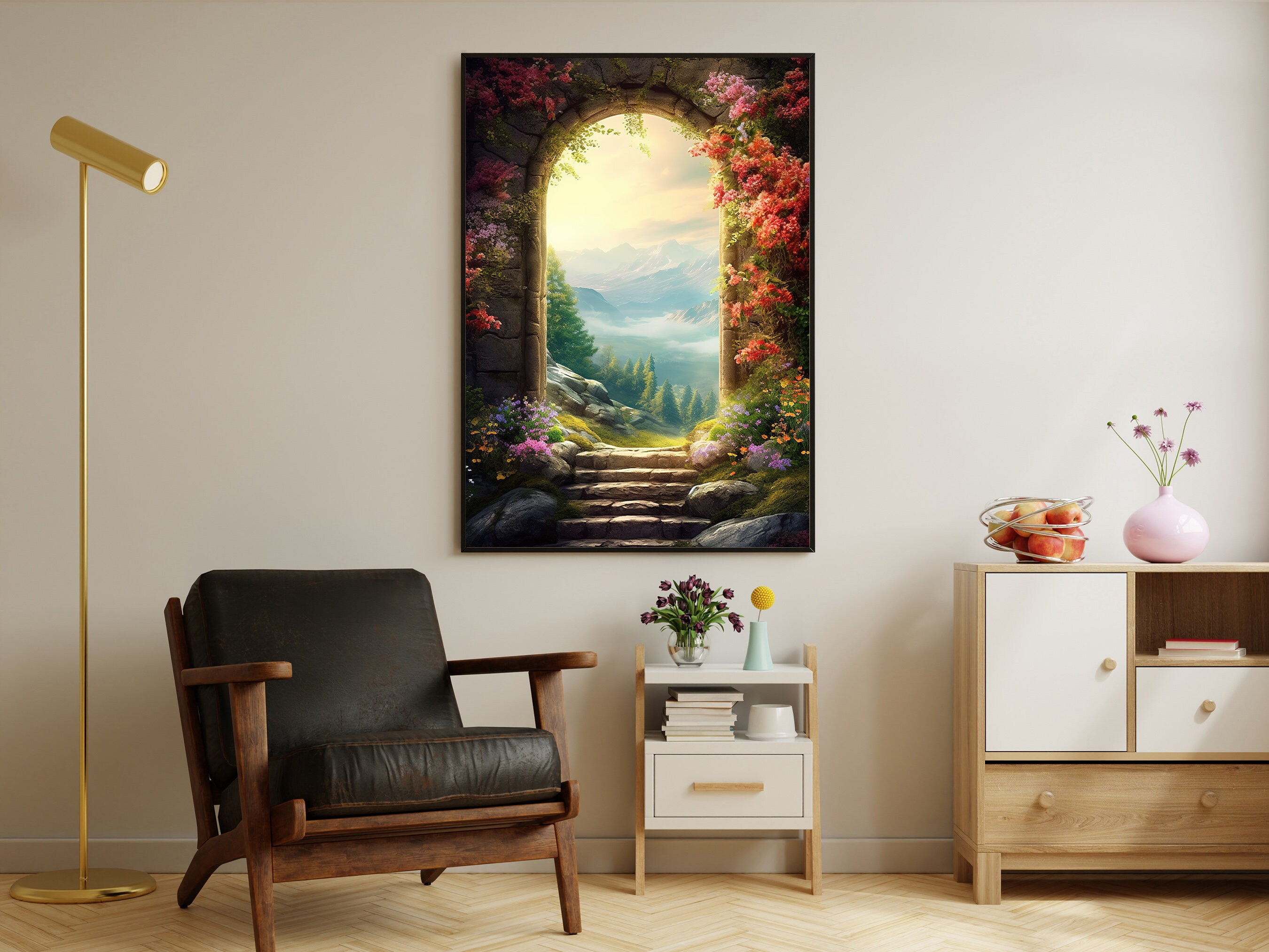 Floral Gateway Painting, Enchanted Land Art Print, Mythical Door Canvas ...