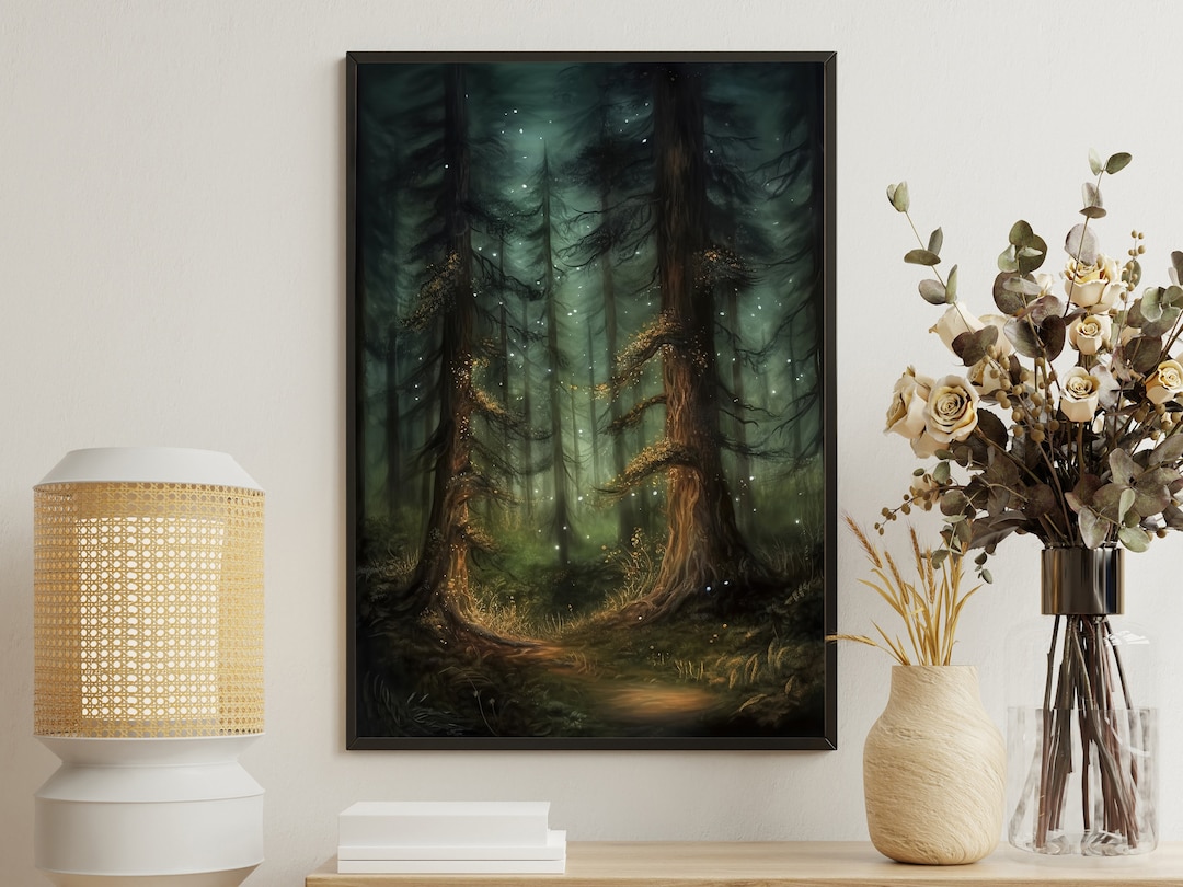Magical Pine Forest Painting, Enchanted Forest Art Print, Mythical ...