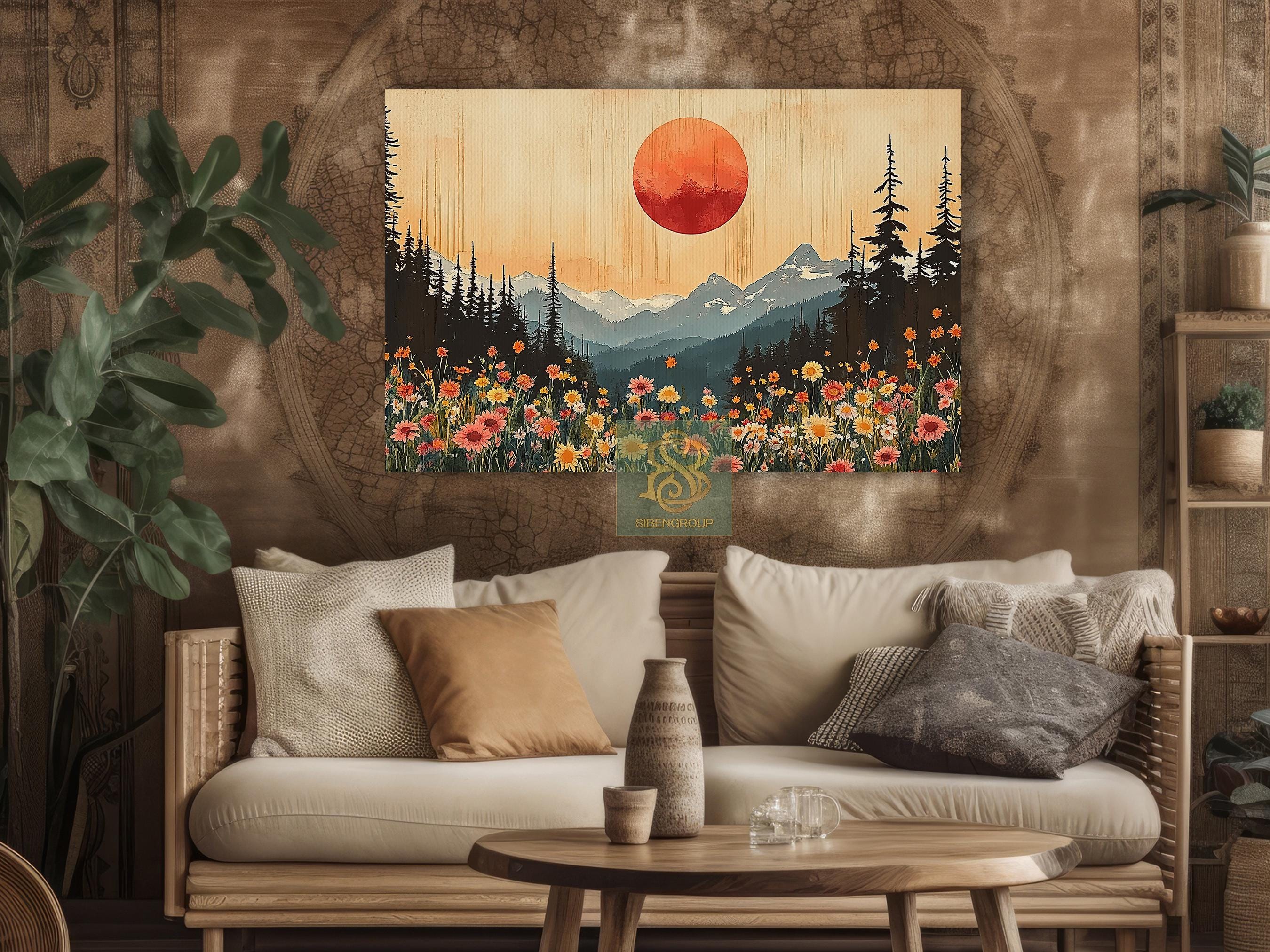 Sunset Wildflower Forest Canvas Print, Majestic Mountain Landscape ...
