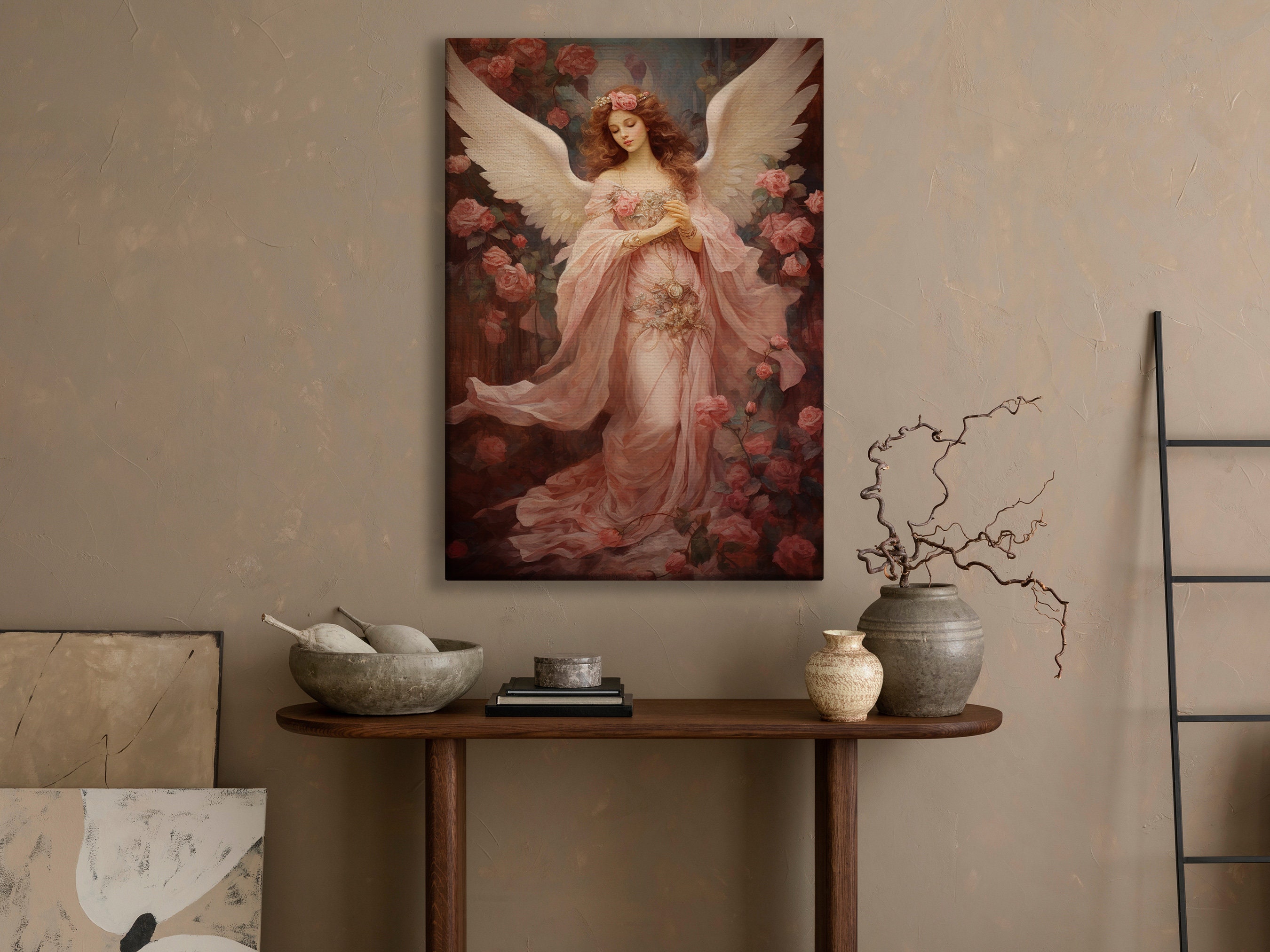 Vintage Floral Angel Painting, Angel Art Print, Angel Canvas Print ...