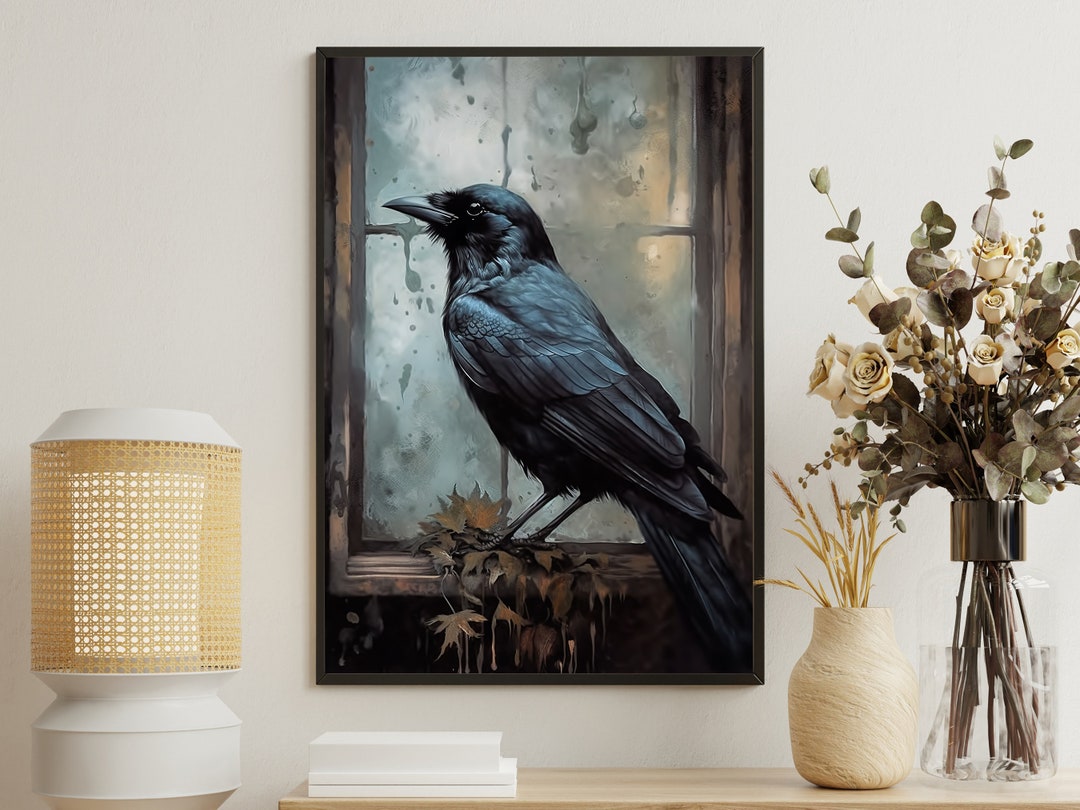 Vintage Crow Painting, Retro Raven Art Print, Cottage Crow Canvas Print ...