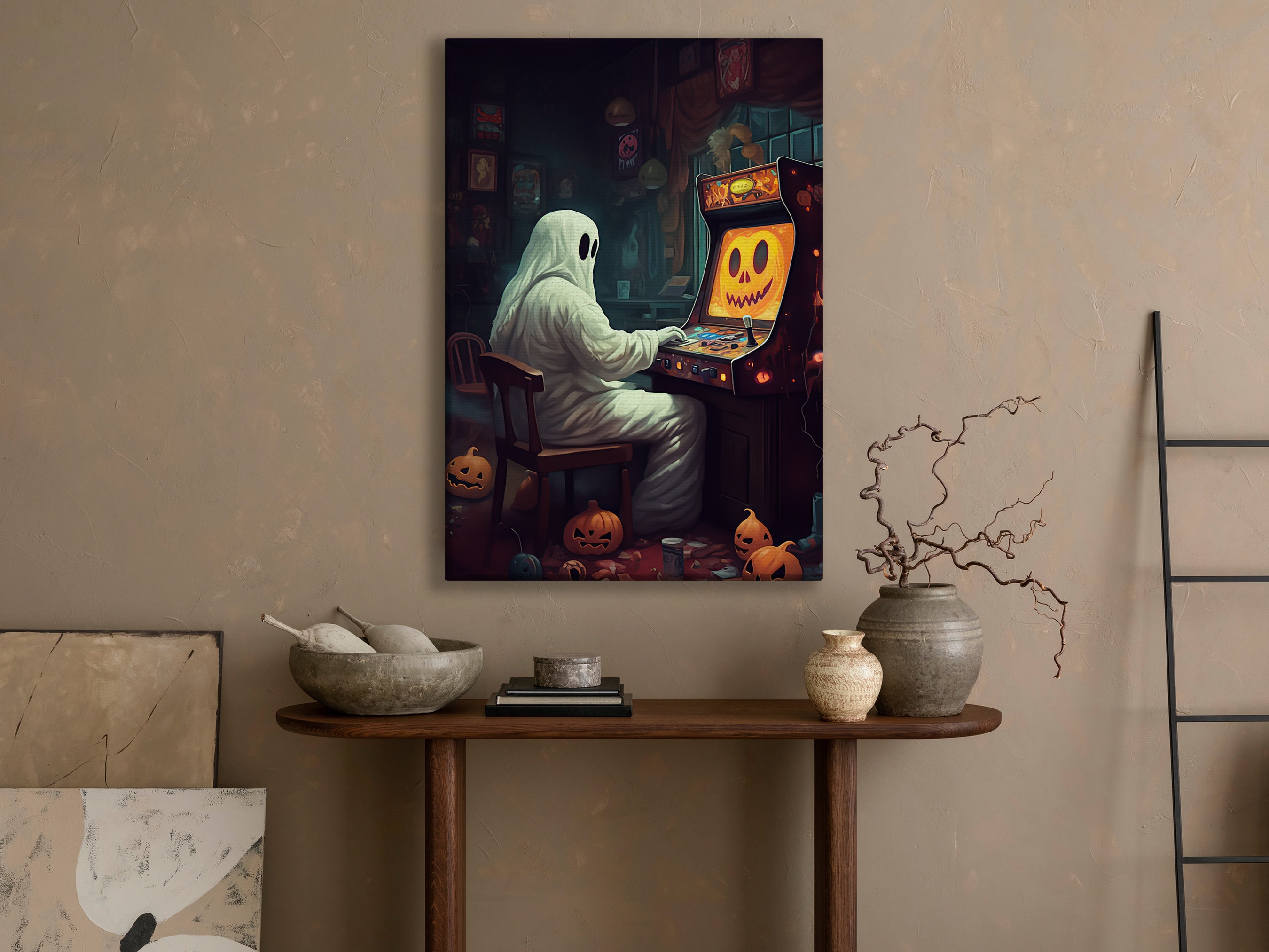 Retro Ghost Playing Video Game Canvas Art Print Dark Gothic Ghost ...