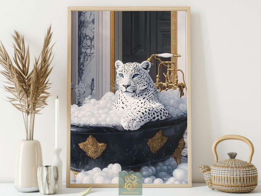 Luxury Snow Leopard Canvas Print, Bubble Bath Poster Print, Elegant ...