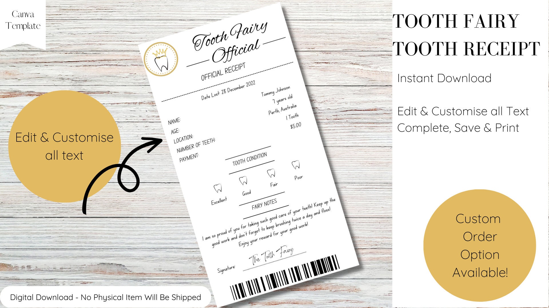 Editable Tooth Fairy Receipt Printable Certificate, First Tooth Lost ...