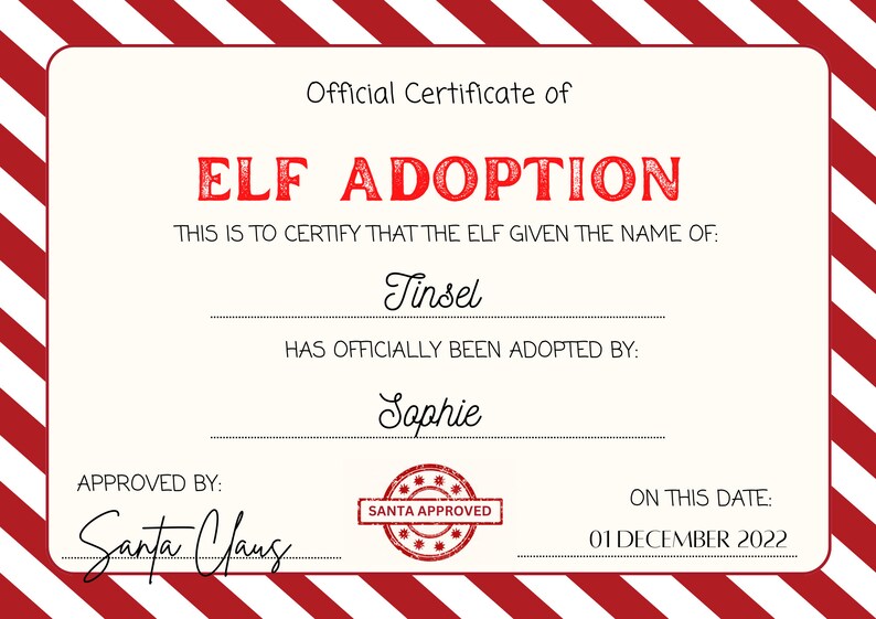 Elf Adoption Certificate, INSTANT DOWNLOAD, Editable Elf Adoption ...